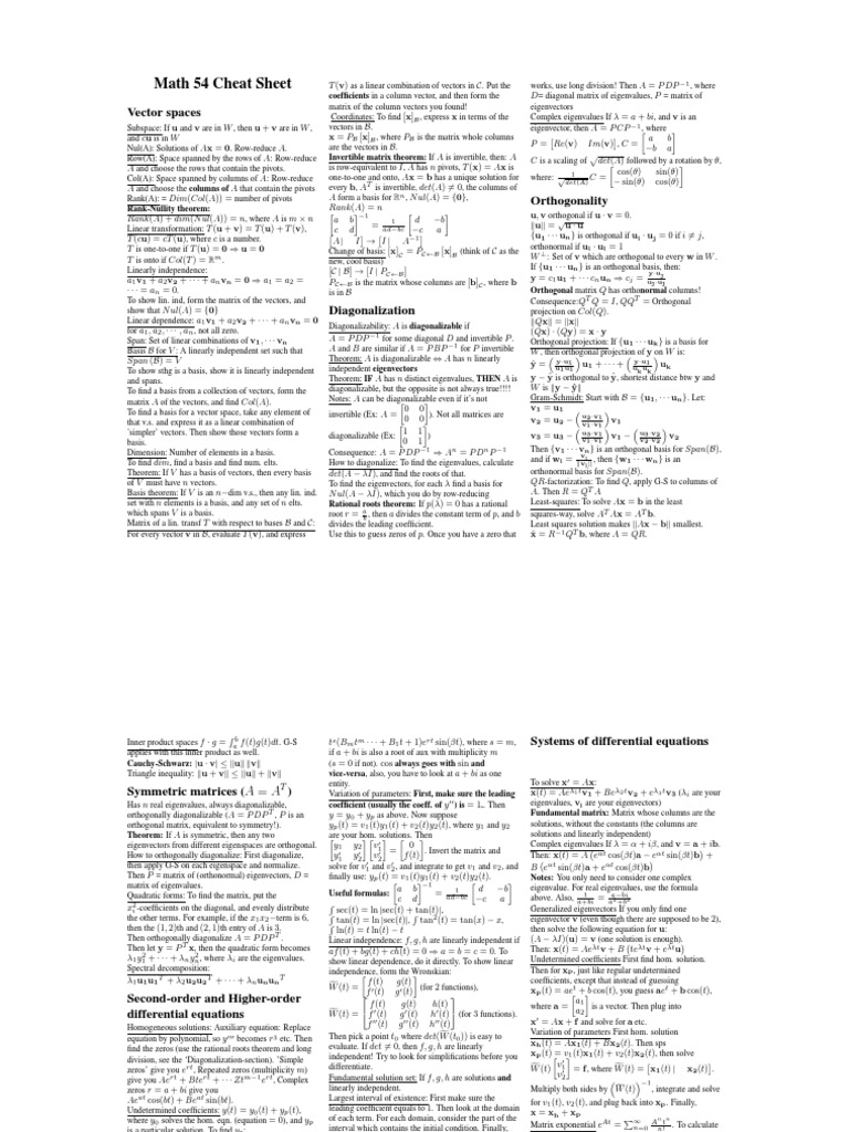 Math 54 Vector Spaces Cheat Sheet | PDF | Eigenvalues And Eigenvectors | Basis (Linear Algebra)