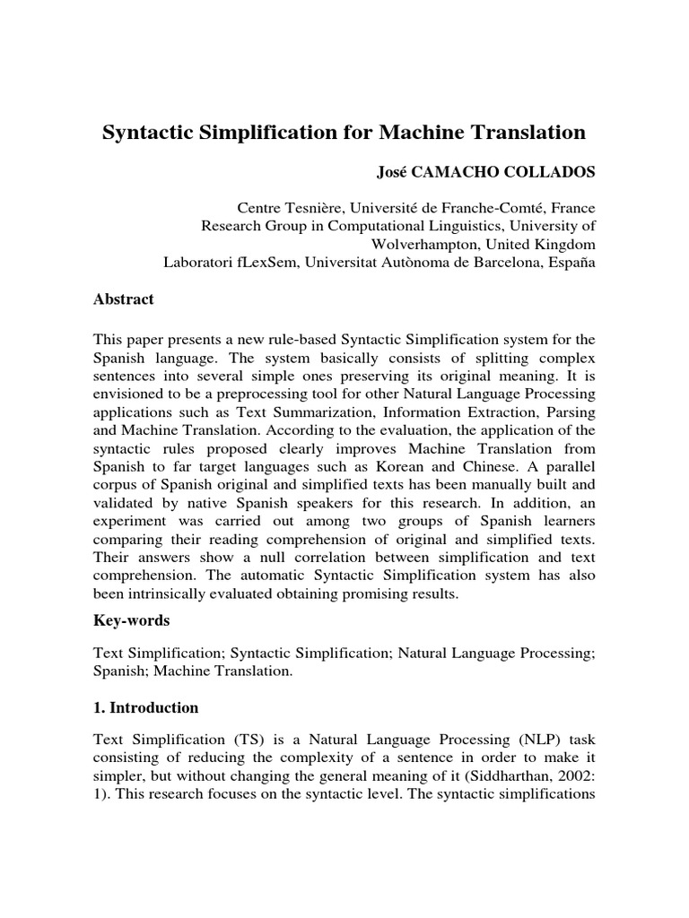 Syntactic Simplification For MT BULAG | PDF | Parsing | Translations