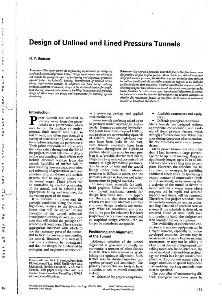 Design of Unlined and Lined Pressure Tunnels | PDF