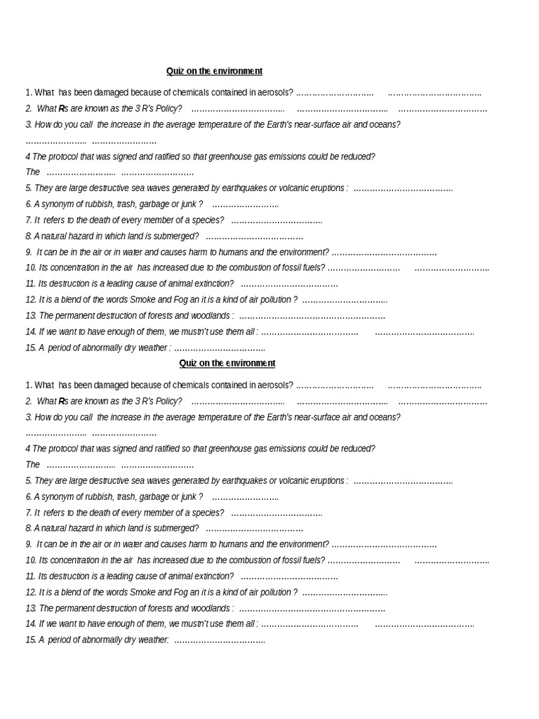 Quizz On The Environment | PDF | Atmosphere Of Earth | Natural Environment
