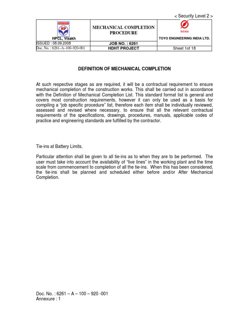 4.1 - ANX-1 Definition of Mechanical Completion PDF | PDF | Pipe (Fluid ...