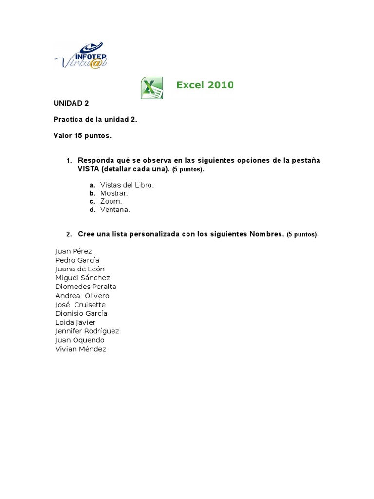 Práctica de Excel: Unidad 2 | PDF