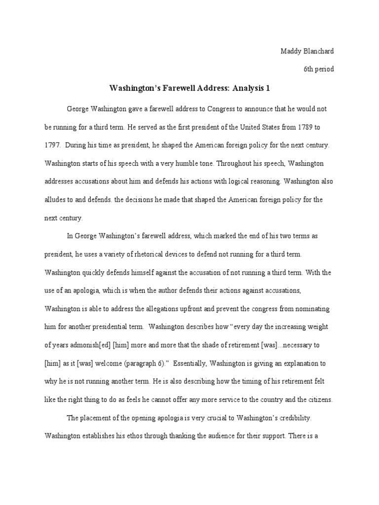 Washington's Farewell Address: Analysis 1 | PDF | George Washington