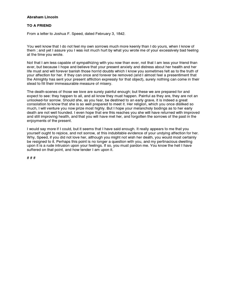 Abraham Lincoln To A FRIEND From A Letter To Joshua F Speed Dated 03 ...