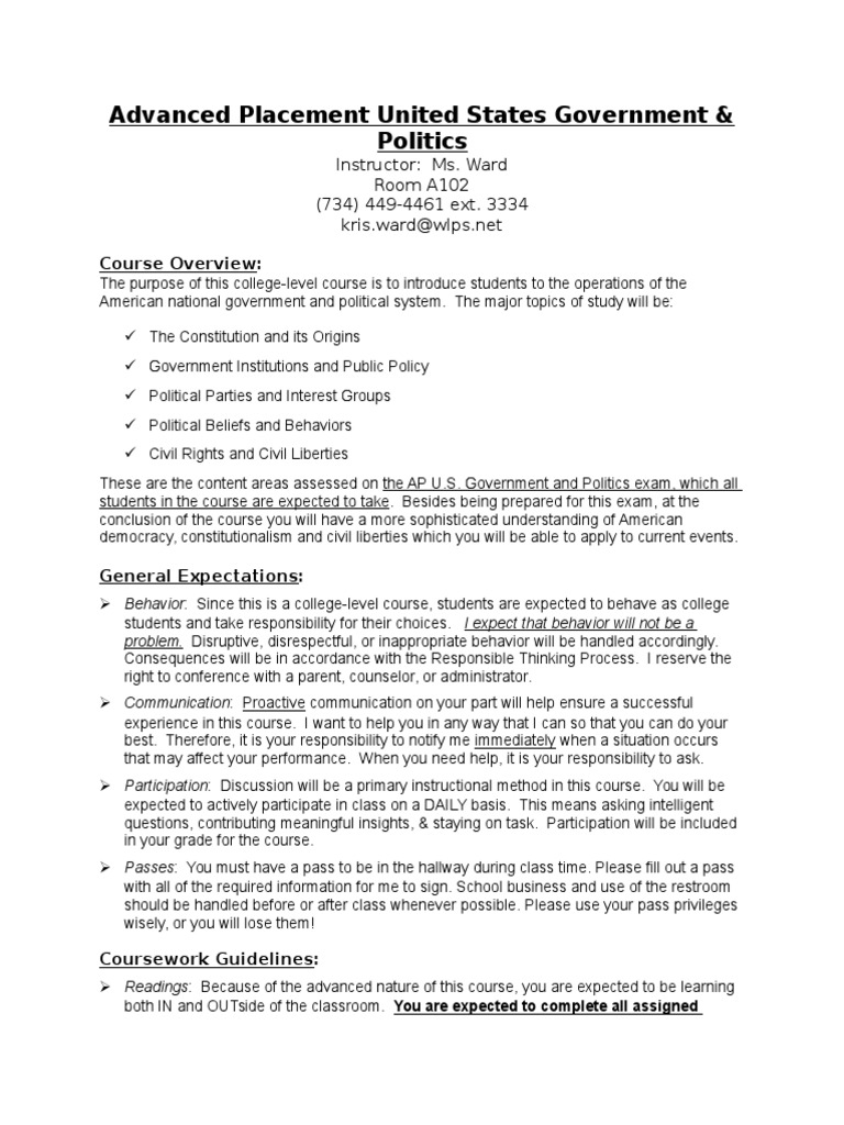 Advanced Placement United States Government & Politics: Course Overview ...