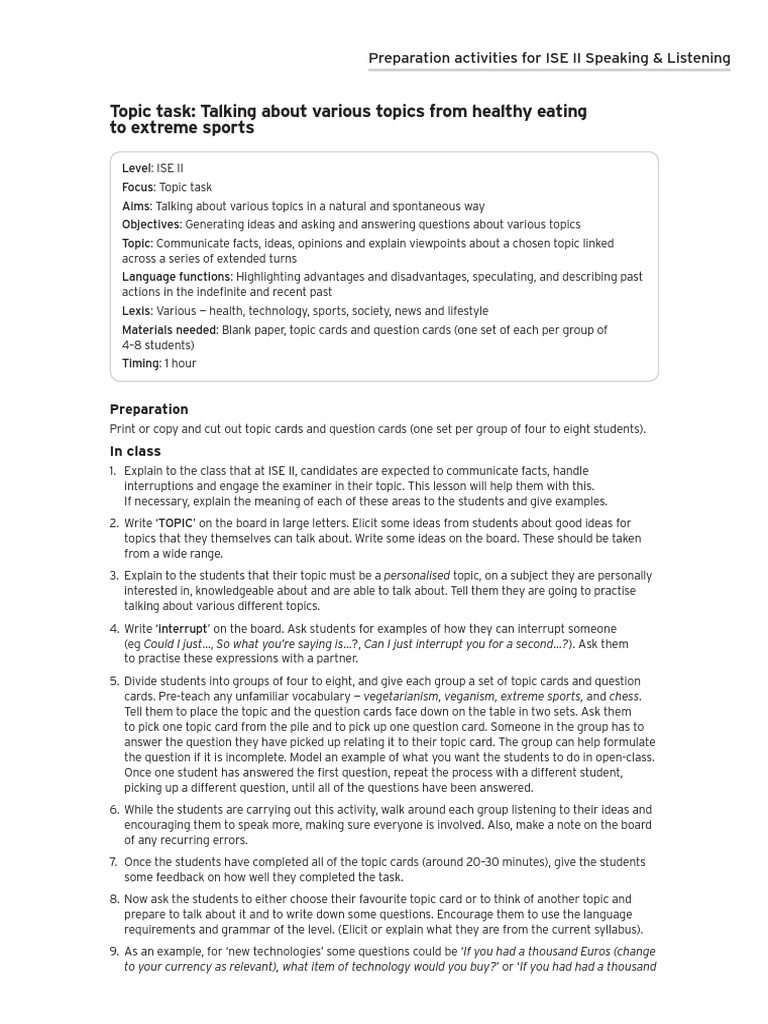 ISE II Topic Task - Talking About Various Topics-1 | PDF | Cognition ...