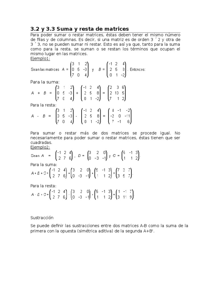 3.2 y 3.3 Suma y resta de matrices