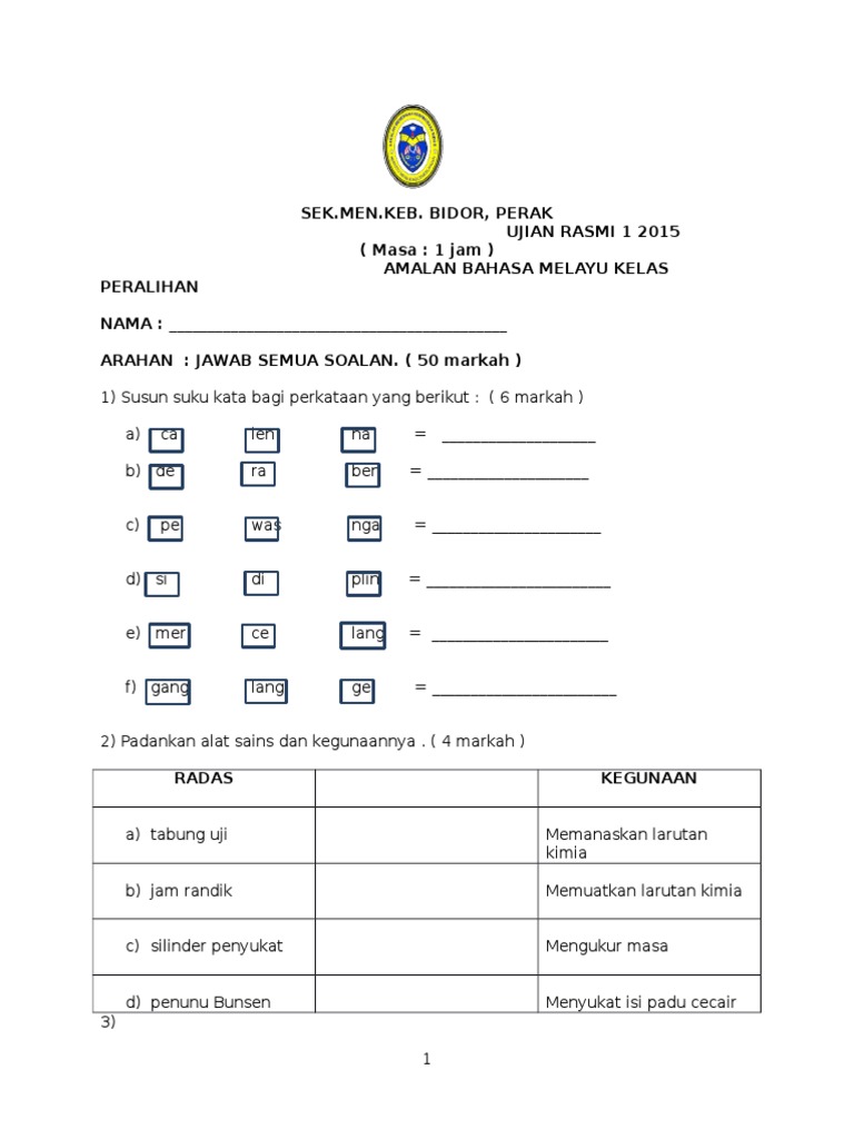 Ujian Rasmi Amalan Bahasa Melayu | PDF
