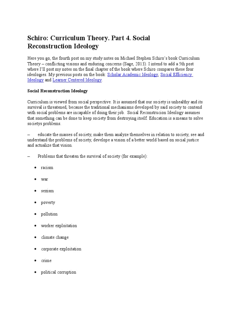 Schiro Social Reconstruction Theory | PDF | Constructivism (Philosophy ...