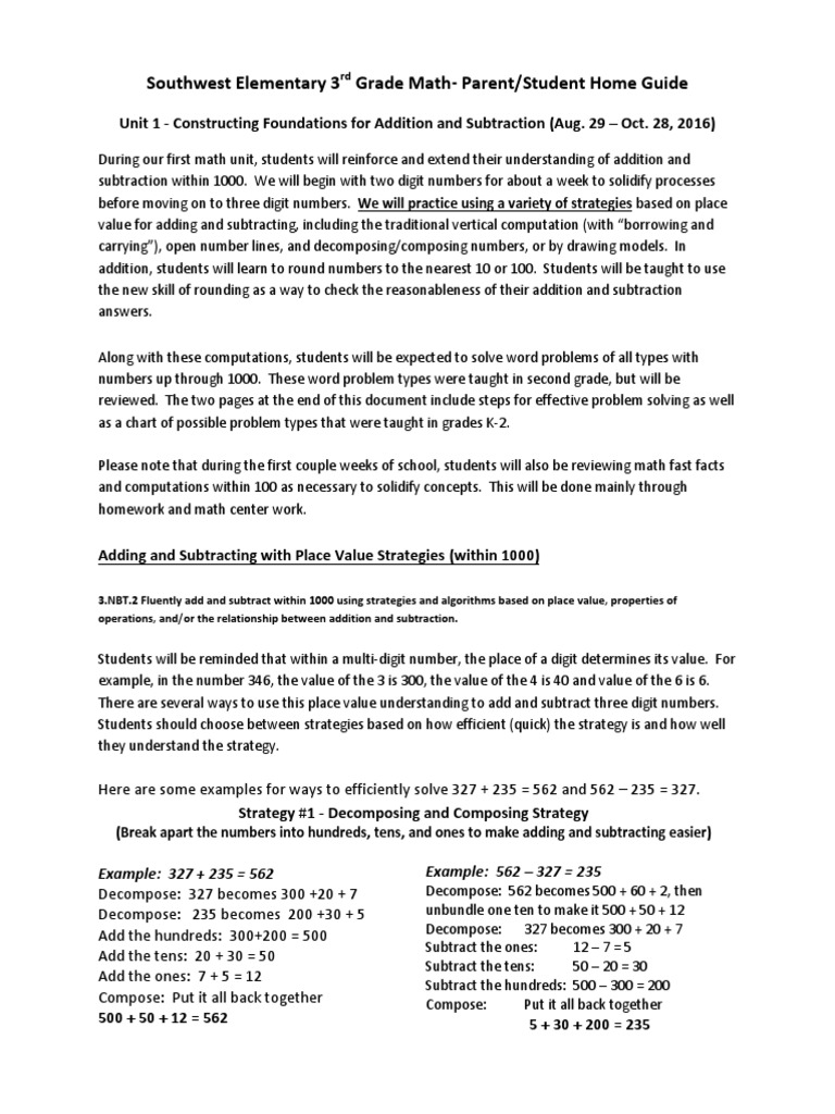 3rd Grade Math Unit 1 Parent Guide 5 | PDF | Rounding | Subtraction