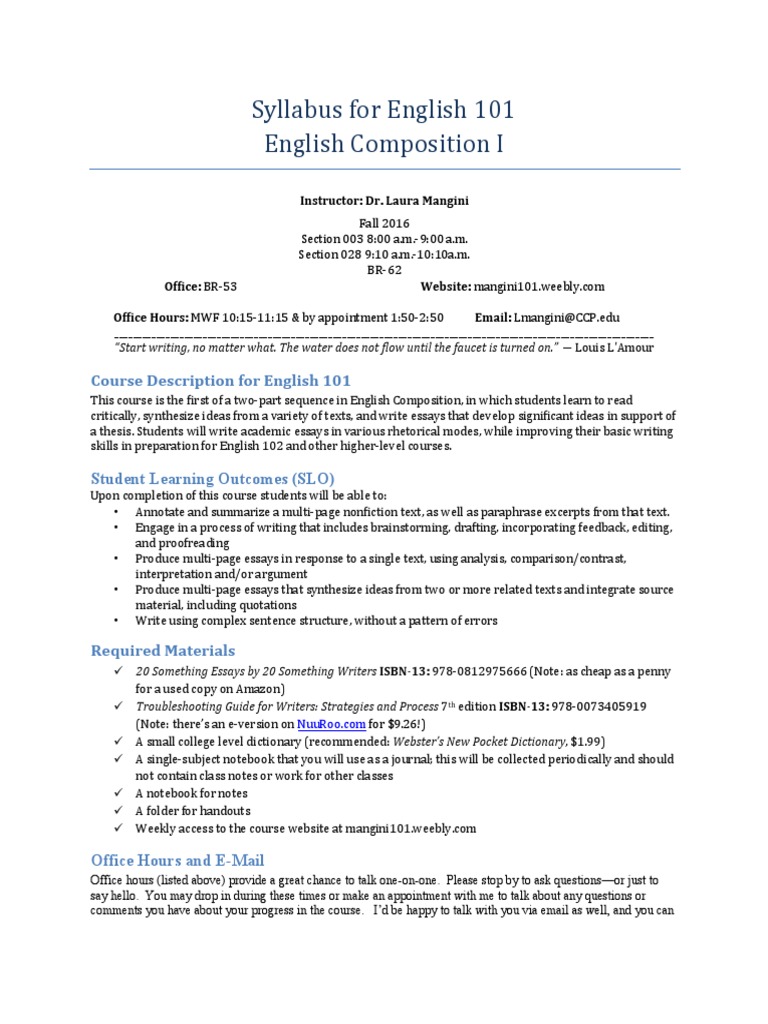 English 101 Syllabus Fall 2016 | PDF | Plagiarism | Academic Dishonesty