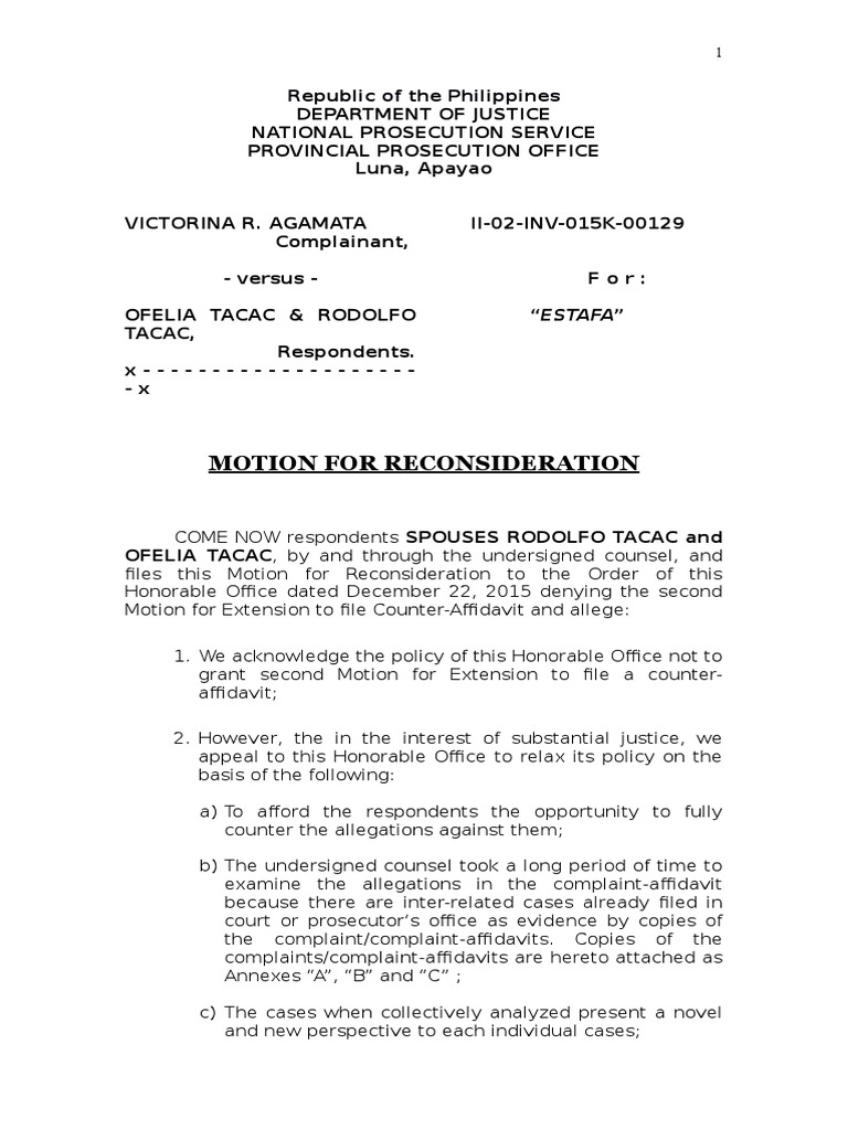 Motion For Reconsideration: Republic of The Philippines | PDF | Law