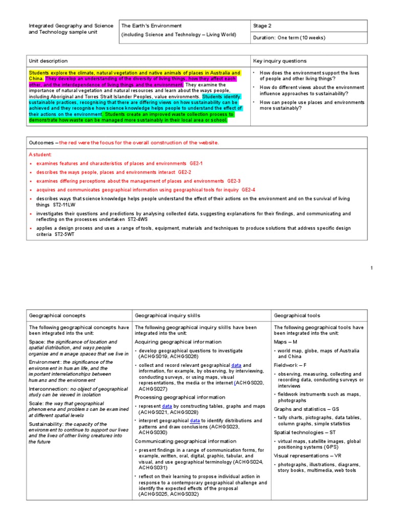 Integrated Geography and Science and Technology Sample Unit The Earth's ...
