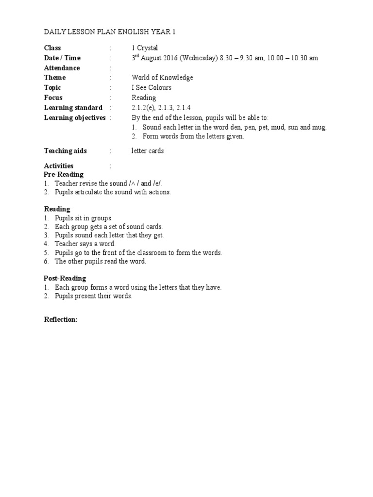 Daily Lesson Plan English Year 1 | PDF