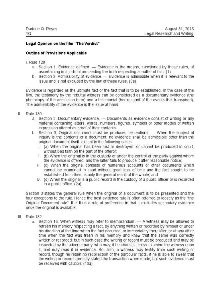 Legal Opinion On The Film "The Verdict" Outline of Provisions ...