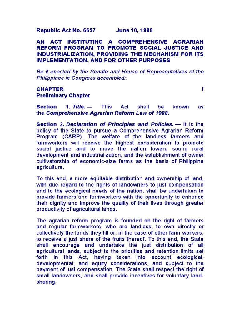 RA 6657 Instituting A Comprehensive Agrarian Reform Program | PDF ...