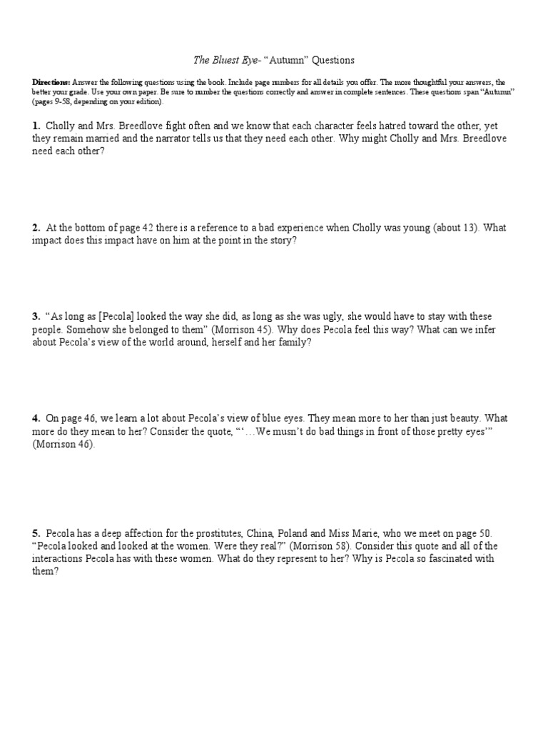 Bluest Eye Autumn Questions | PDF | Social Science