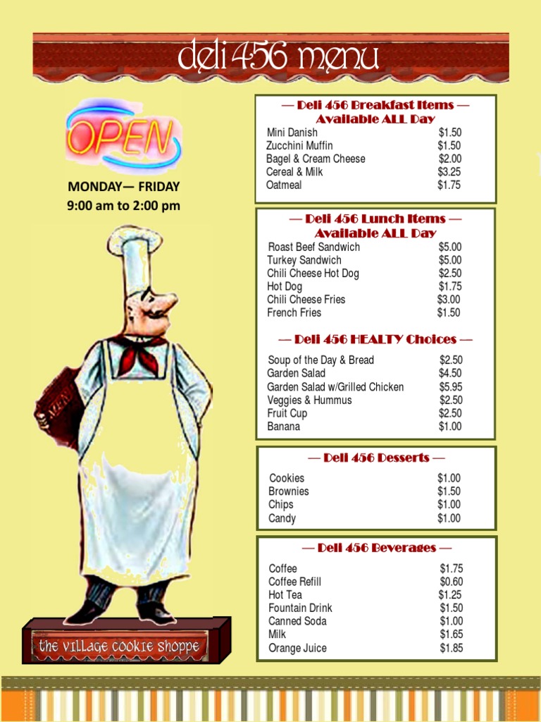 Deli 456 Menu: Monday - Friday 9:00 Am To 2:00 PM | PDF