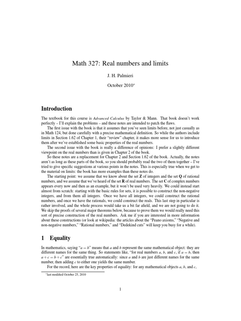 Math 327 Real Numbers And Limits J H Palmieri October 2010 Pdf Real Number Field