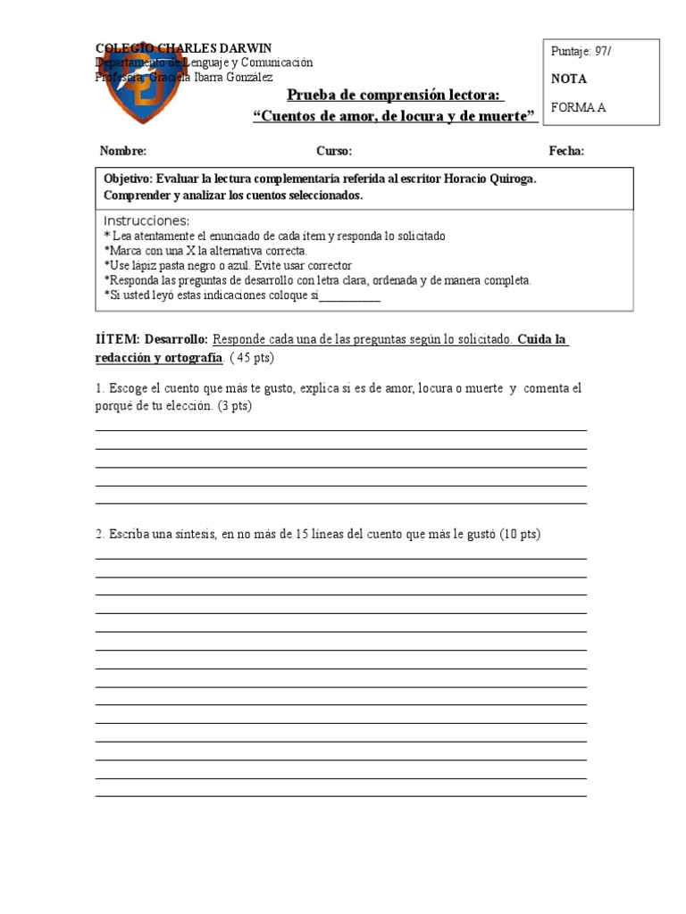 Prueba Comprensión Lectora Horacio Quiroga | PDF | Salud y bienestar ...