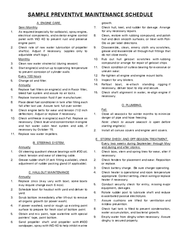 Sample Preventive Maintenance Schedule: Starting Engine(s) | PDF ...