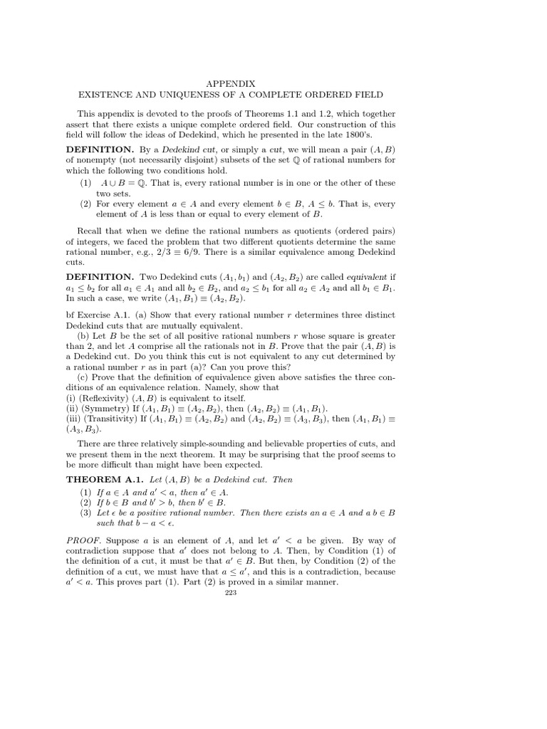 Existence And Uniqueness Of A Complete Ordered Field Pdf Field