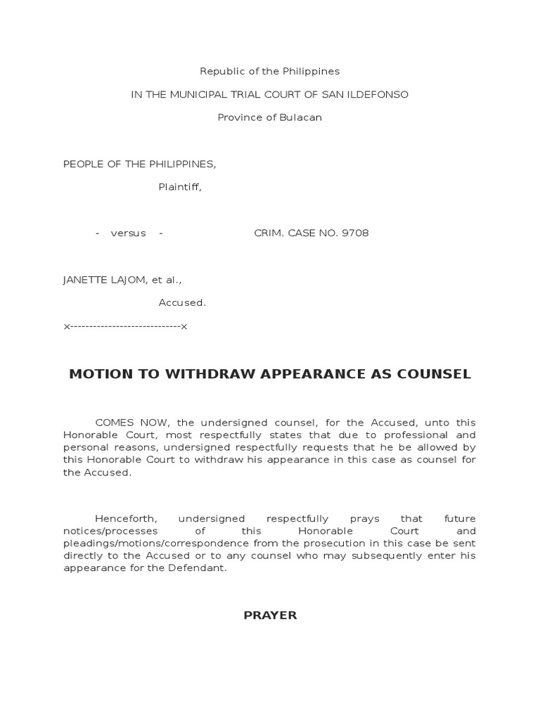 Motion to Withdraw Counsel Appearance | PDF
