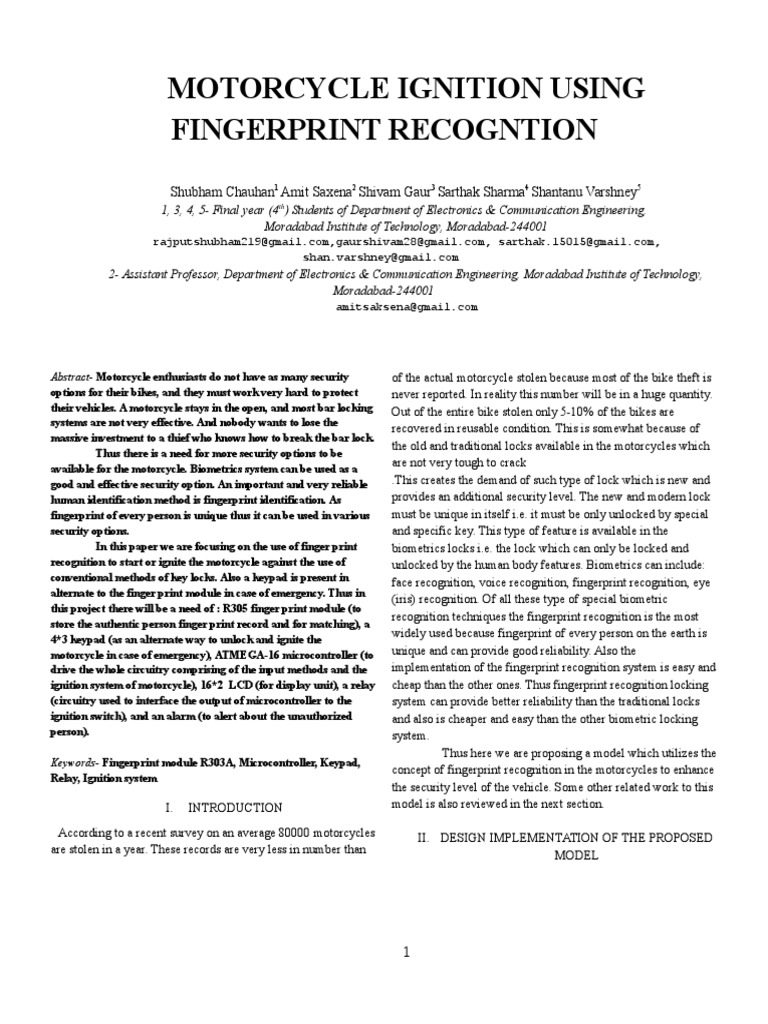 Motor Cycle Ignition Using Finger Print Recognition | PDF | Fingerprint ...
