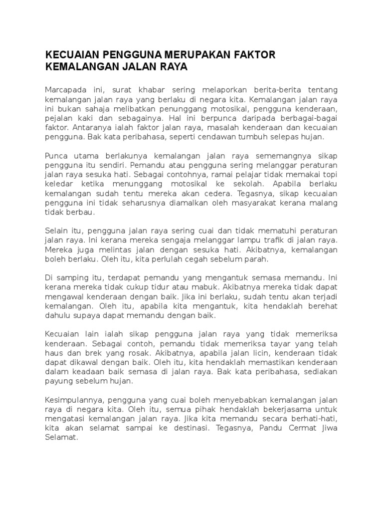 Kecuaian Pengguna Merupakan Faktor Kemalangan Jalan Raya | PDF
