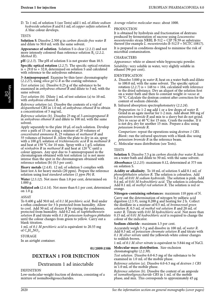 Dextran 1 For Injections | PDF | Solution | Solubility