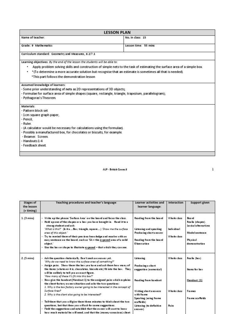 CLILS5.2 Evaluating Lesson Plans - Maths Lesson Plan | PDF | Rectangle ...