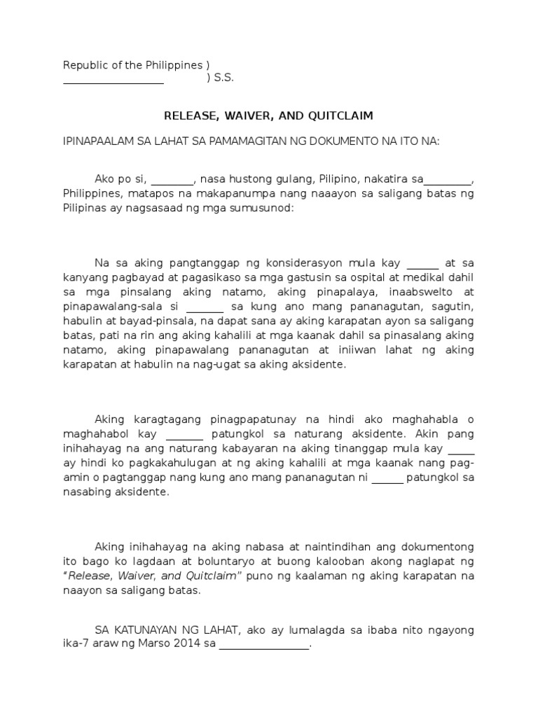 Release Waiver and Quitclaim - TAGALOG | PDF