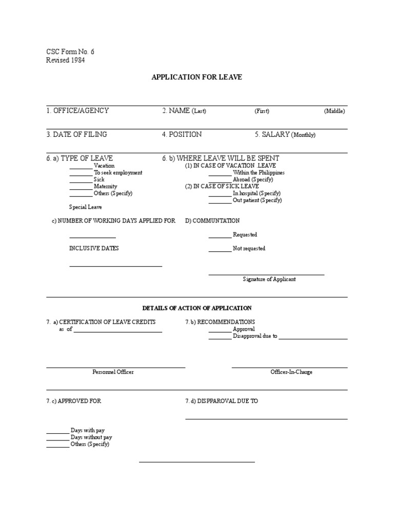 CSC Form No. 6 Revised 1984: Application For Leave | PDF