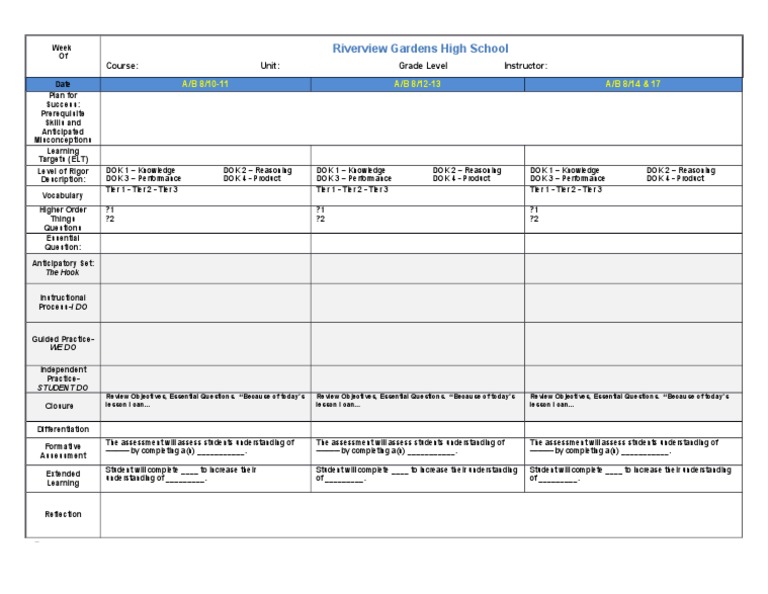 Riverview Gardens High School Course Planning Document: Unit and Weekly ...