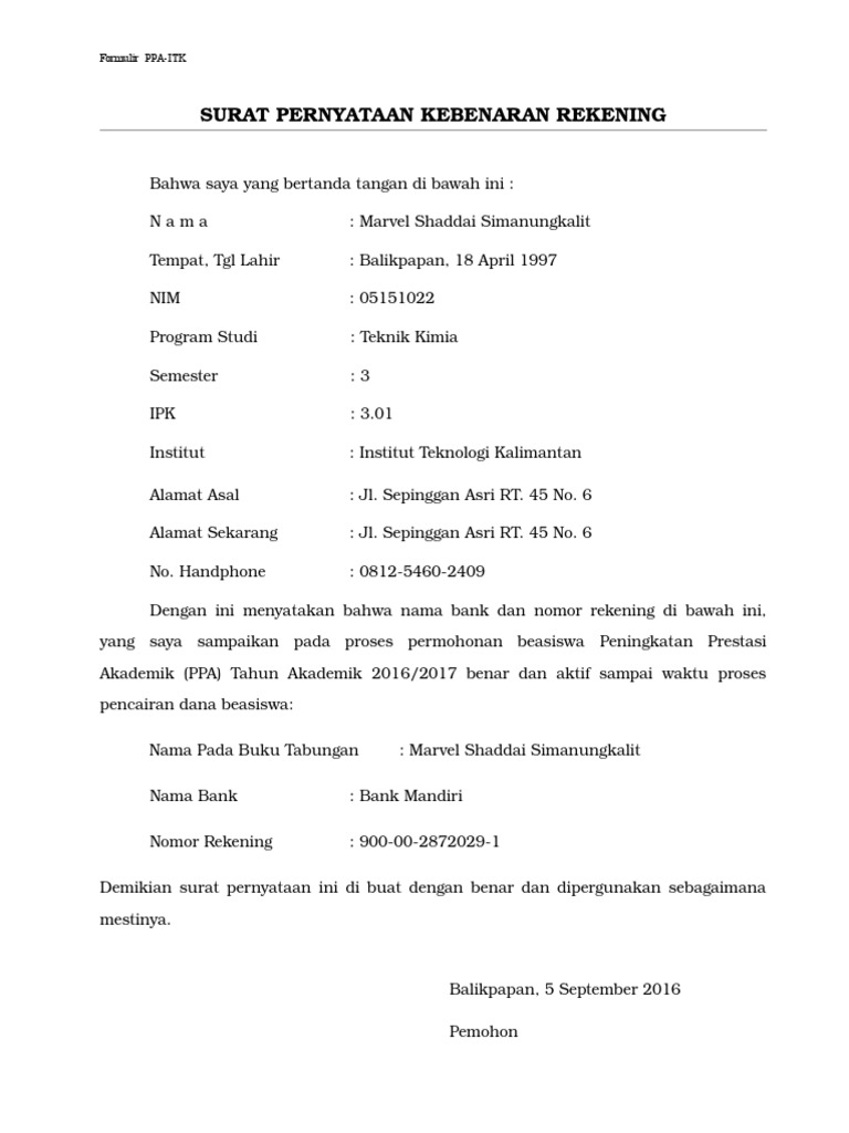 Surat Pernyataan Kebenaran Rekening | PDF