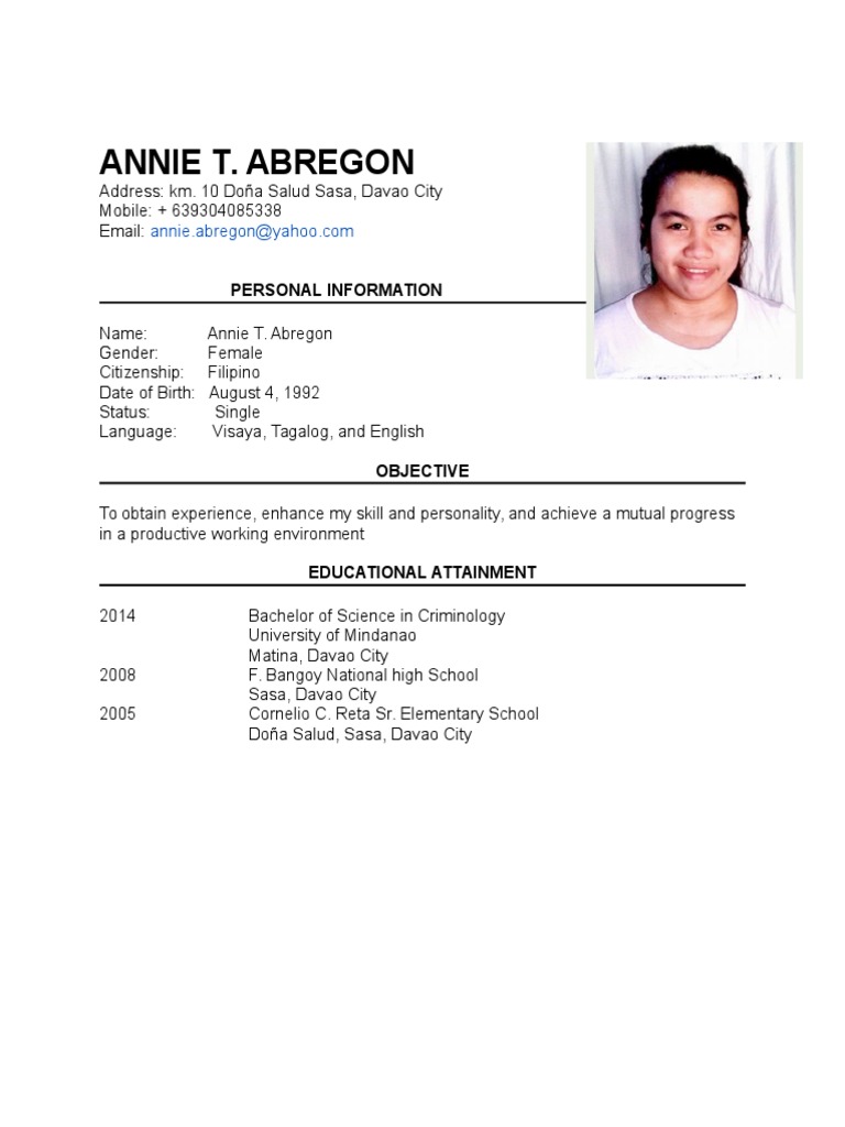 Annie T. Abregon: Personal Information | PDF | Career & Growth | Wellness