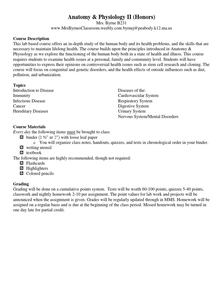 Syllabus - Anatomy and Physiology II | PDF | Homework | Curriculum