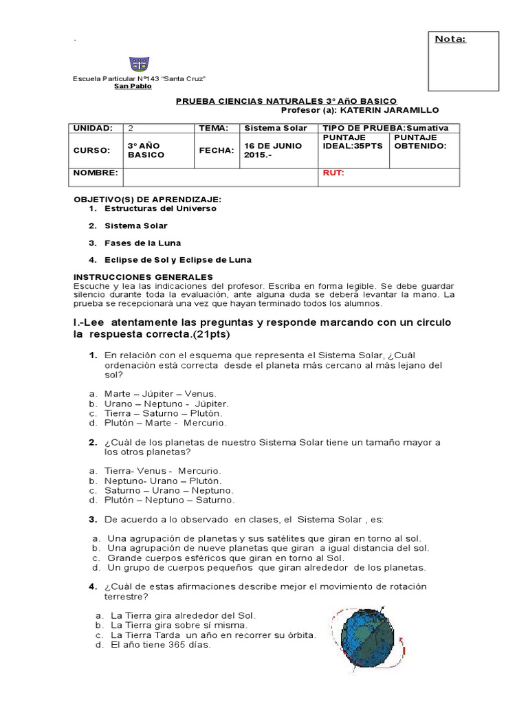 Prueba Del Sistema Solar Teachervision Evaluación Sistema Solar