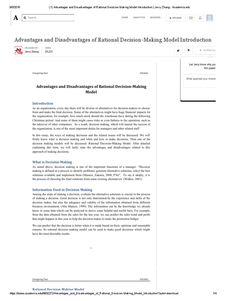 Advantages and Disadvantages of Rational Decision-Making Model ...