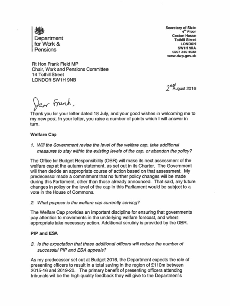 Letter To Chair From RT Hon Damian Green (Welfare Gap) | PDF