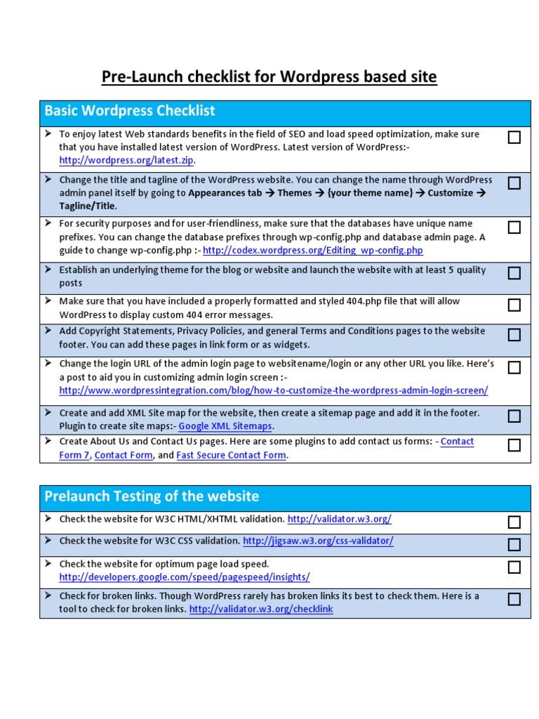 WordPress Pre Launch Checklist | PDF | Word Press | Search Engine ...
