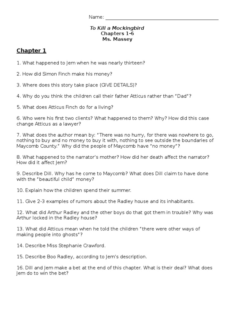 Tkam 1-6 Questions | Download Free PDF | To Kill A Mockingbird