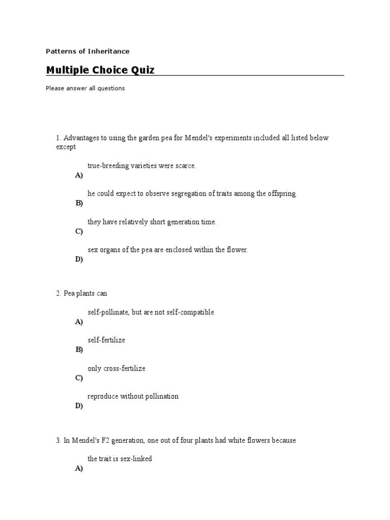 Patterns of Inheritance, QUIZ 2 | PDF | Dominance (Genetics) | Zygosity