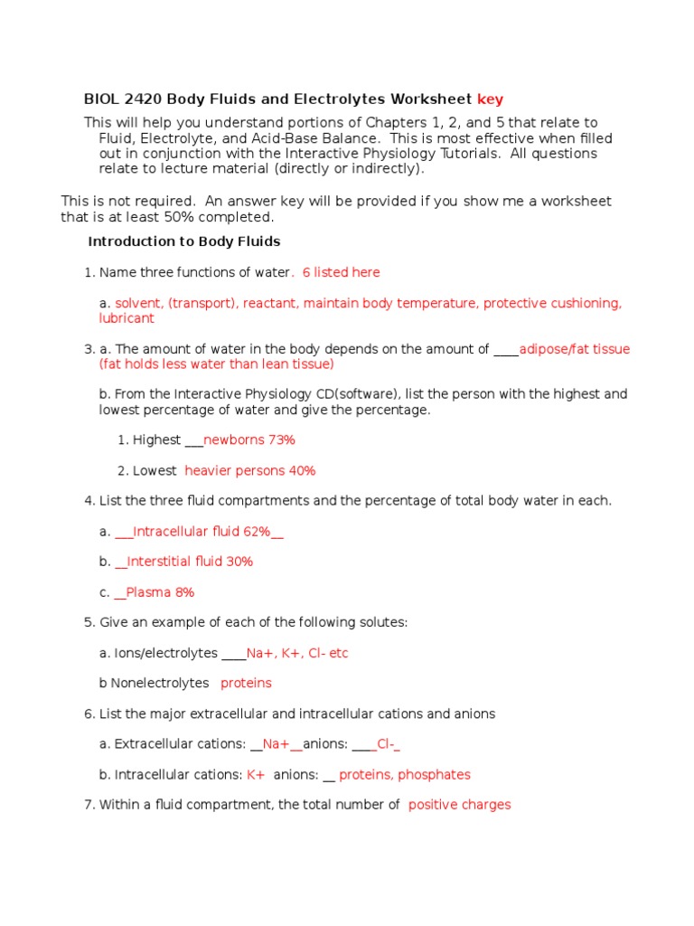 BIOL 2420 Body Fluids and Electrolytes Worksheet - Key | PDF ...