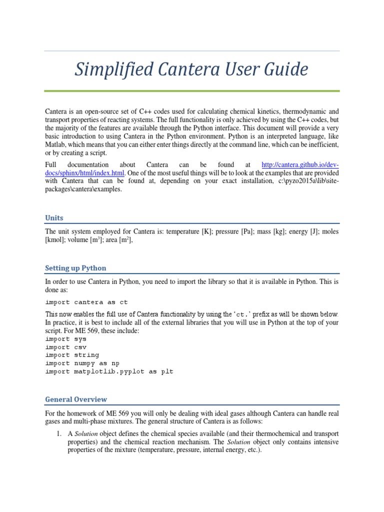 Simplified Cantera User Guide - Python Edition 2015 | PDF | Heat | Gases