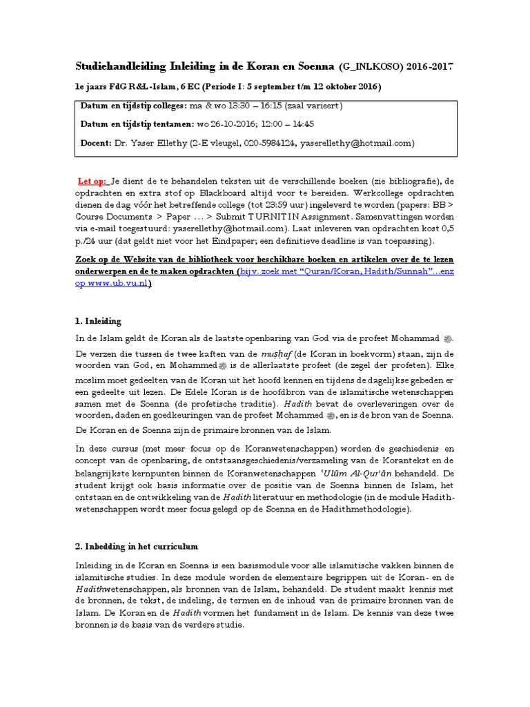 Studiehandleiding Inleiding in de Koran en Soenna. 2016-2017 | PDF