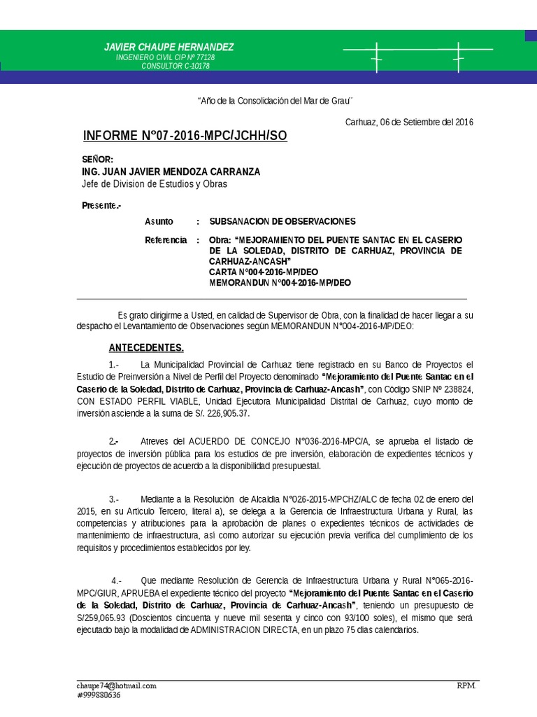 Informe n.07 Levantamiento de Observaciones | Hormigón | Presupuesto