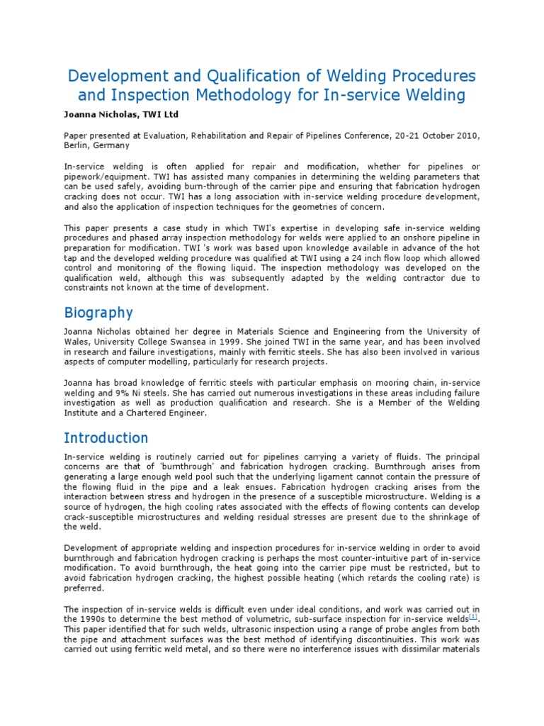 Welding Procedures and Inspection Methodology For In-Service Welding ...