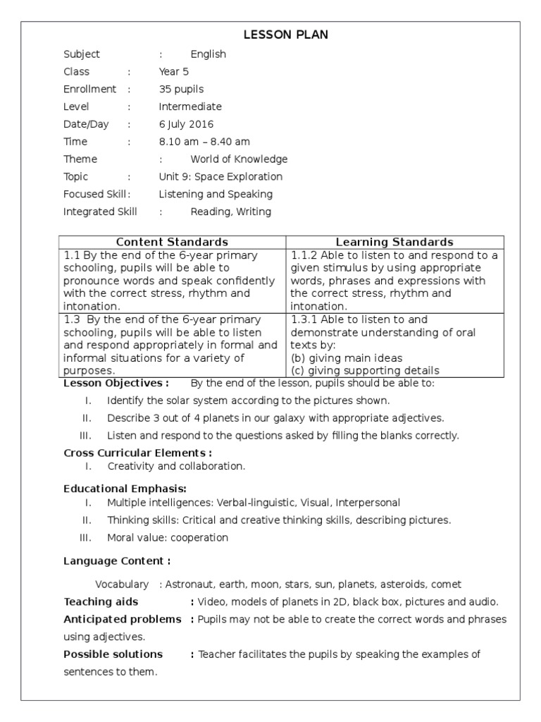 Lesson Plan Listening and Speaking Unit 9 Year 5 | PDF | Lesson Plan ...