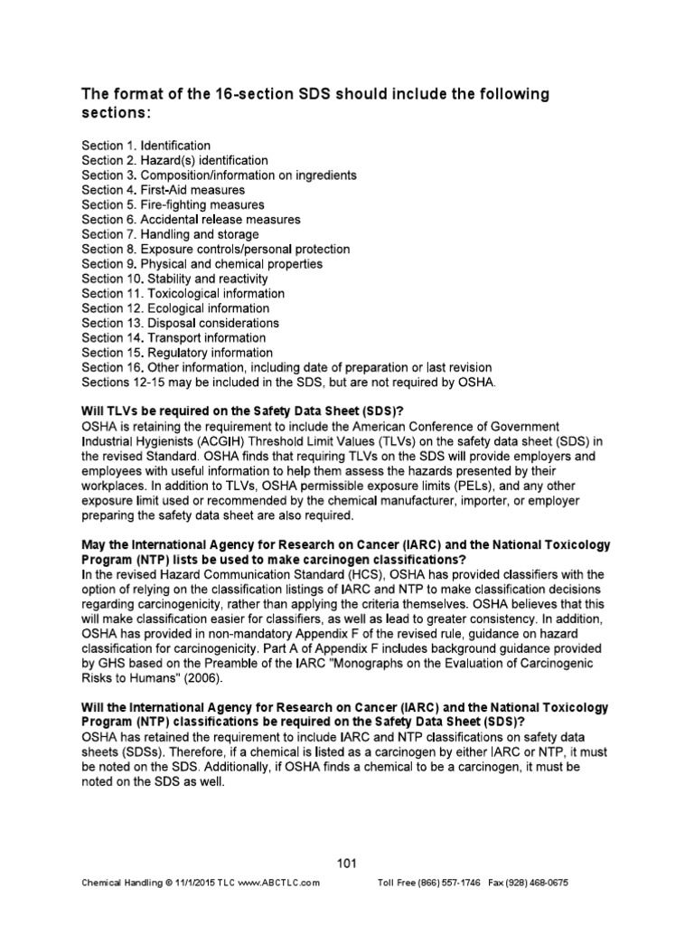 The Format of The 16-Section SDS Should Include The Following Sections ...